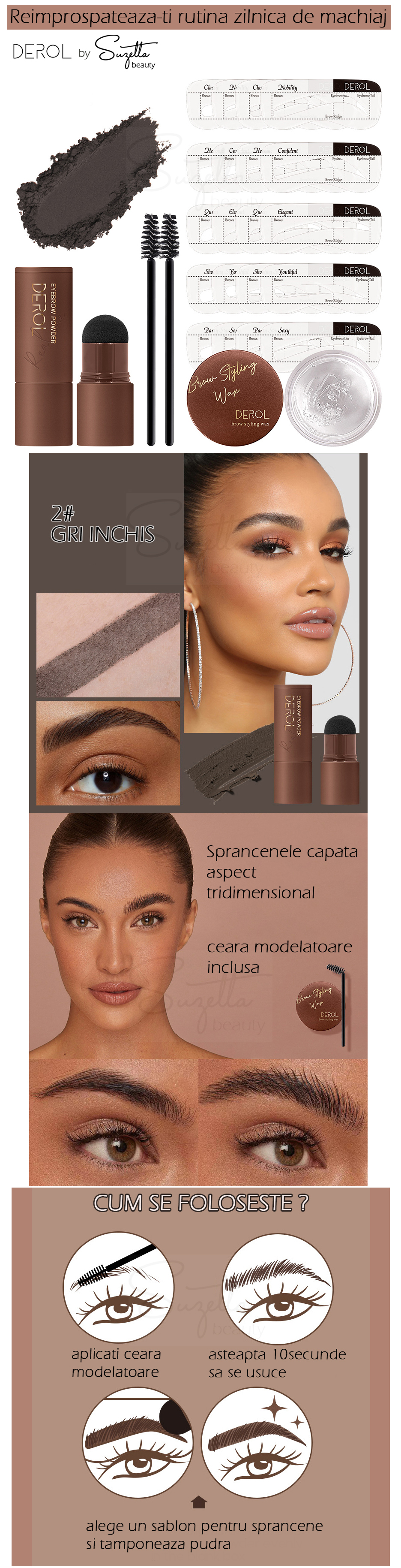 Kit pentru sprancene 02-Gri Inchis, Ceara de Fixare, 20 Sabloane ...